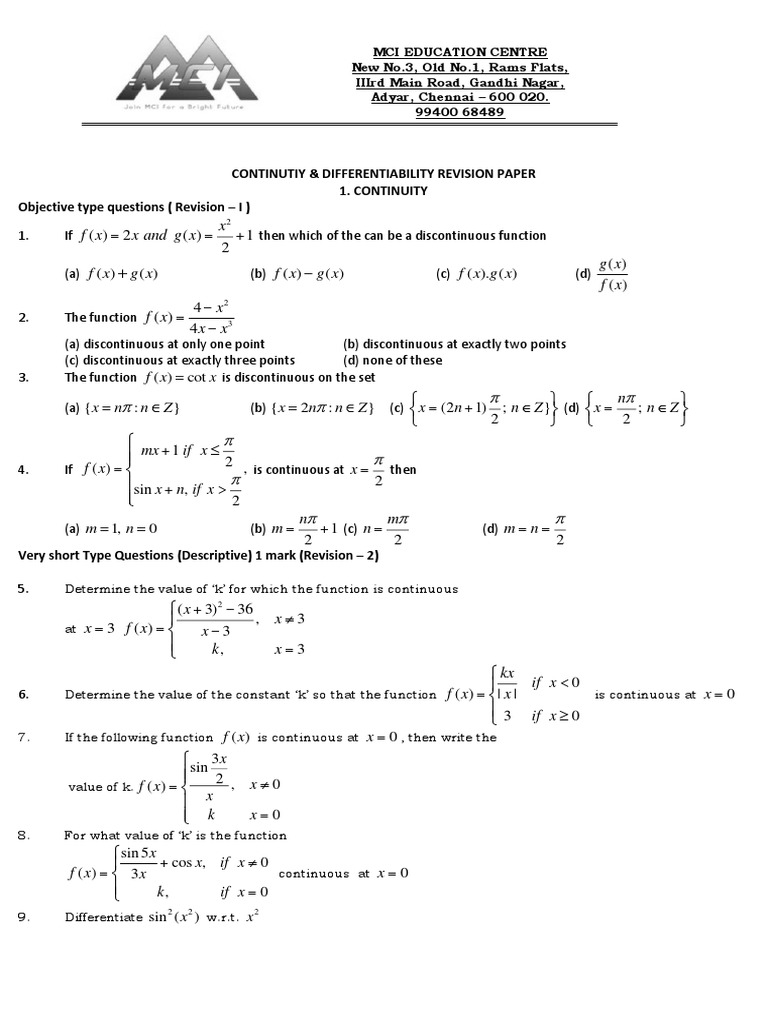 12 Diffrentiation Previous Year Question Paper 1 Pdf Trigonometric Functions Function
