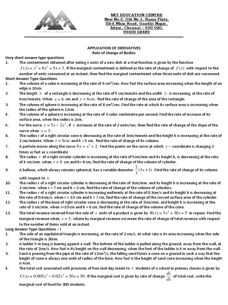 Class 12 Application of Derivatives PYQs | PDF | Area | Maxima And Minima