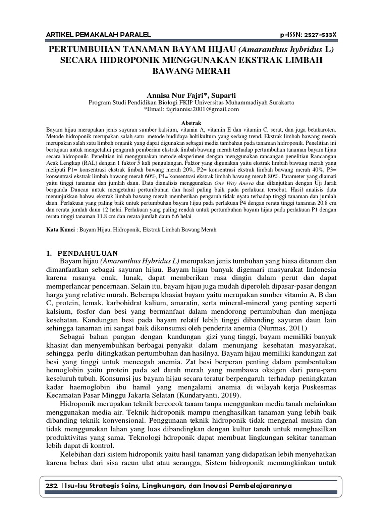 PERTUMBUHAN TANAMAN BAYAM HIJAU (Amaranthus Hybridus L) Secara Hidroponik Menggunakan Ekstrak ...