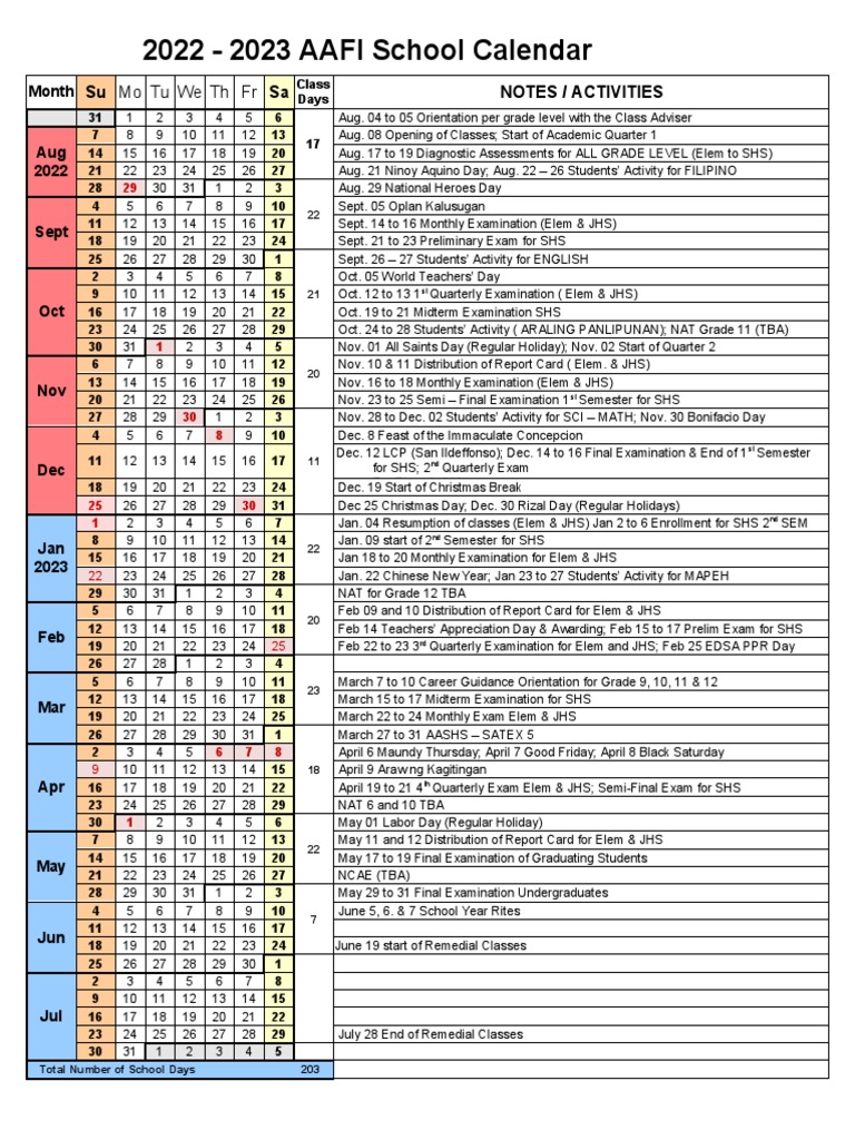 AAFI school-calendar-2022-2023 | PDF | Middle Schools | Academic Term