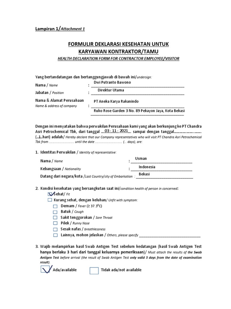 Lampiran 1 - Health Declaration (Contractor & Visitor) | PDF