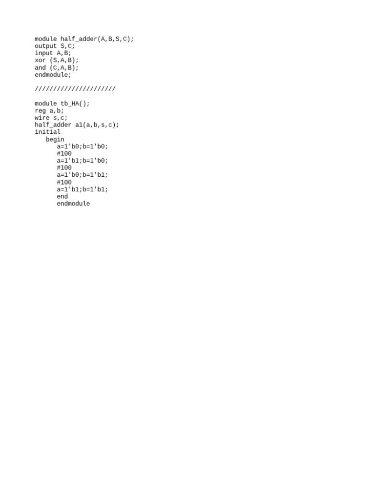 Verilog Half Adder Module and Testbench | PDF