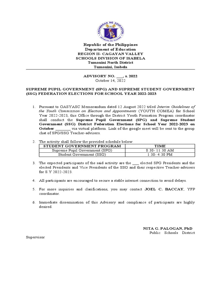 SPG and SSG Elections Advisory 2022-2023 | PDF | Social Science