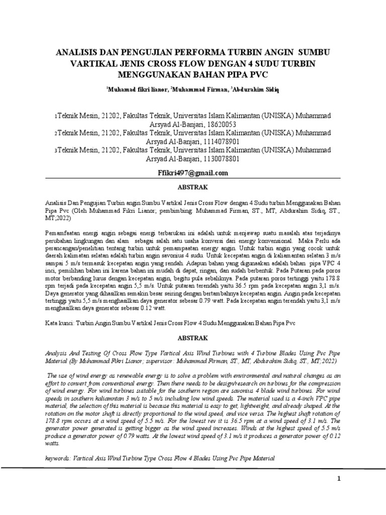 Analisis Dan Pengujian Performa Turbin Angin Sumbu Vartikal Jenis Cross ...