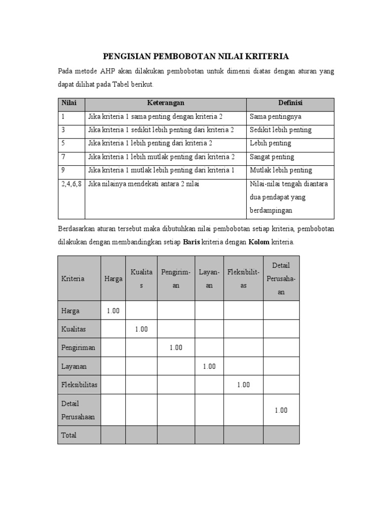 Pembobotan Nilai Metode AHP | PDF