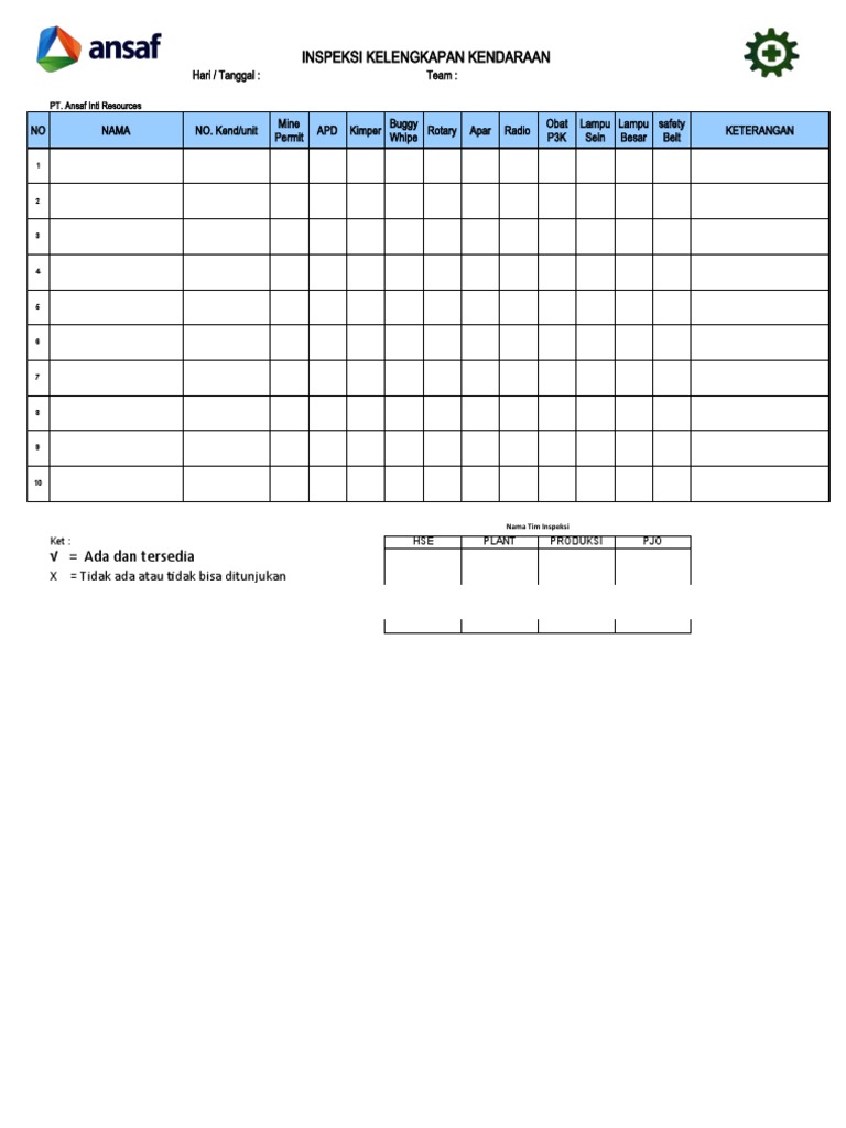 Chek List SIDAK Kendaraan Unit | PDF