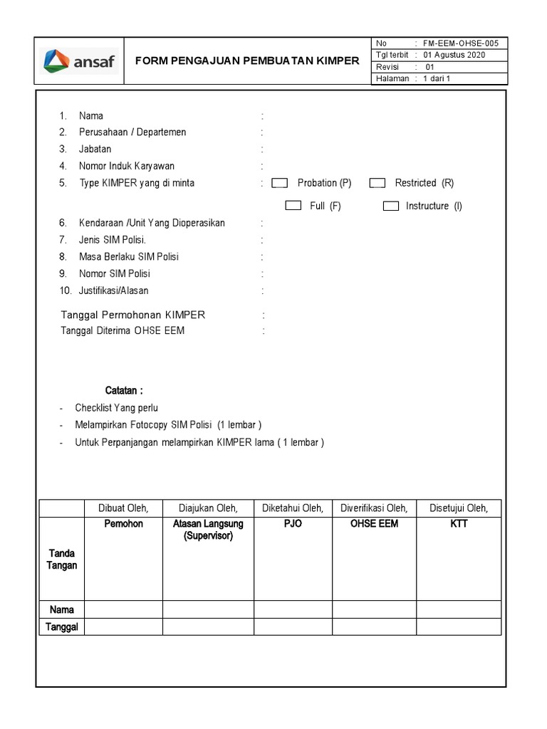 FM-00-OHSE-005 Form Pengajuan KIMPER EEM Kontraktor or Subkontraktor | PDF