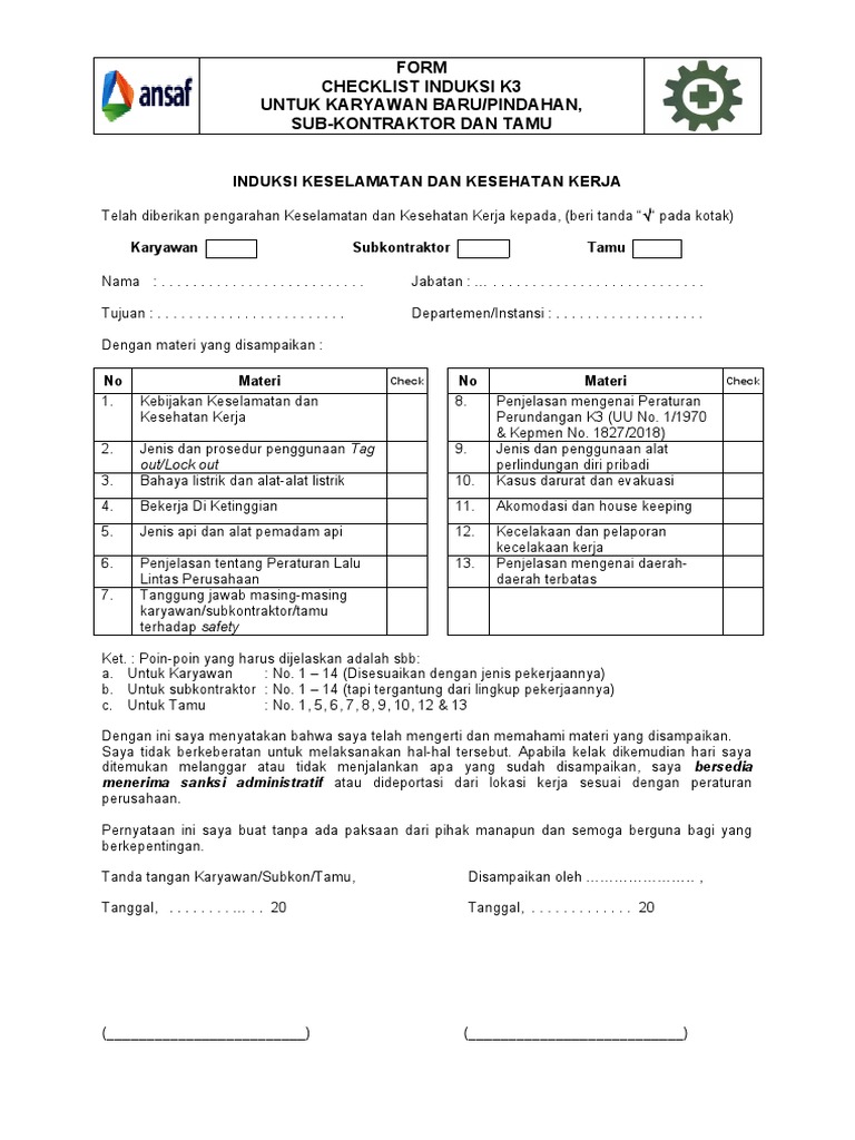 Form Checklist Induski K3 Karyawan | PDF | Teknologi & Rekayasa