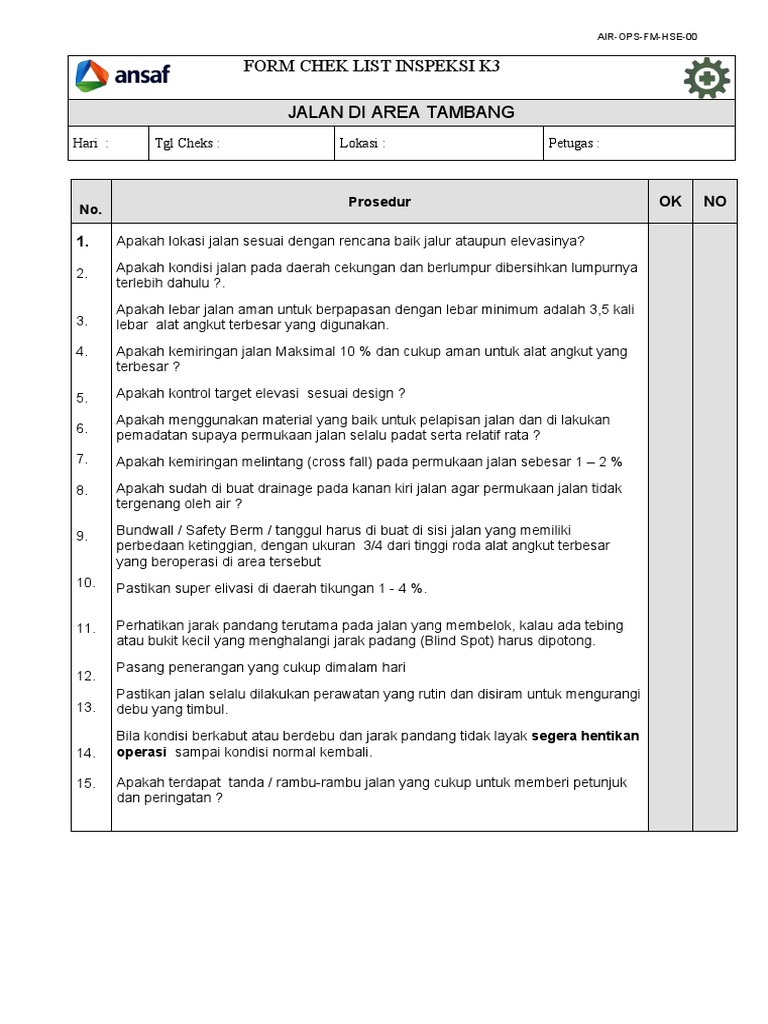 FORM-03 Inspeksi Jalan PIT | PDF