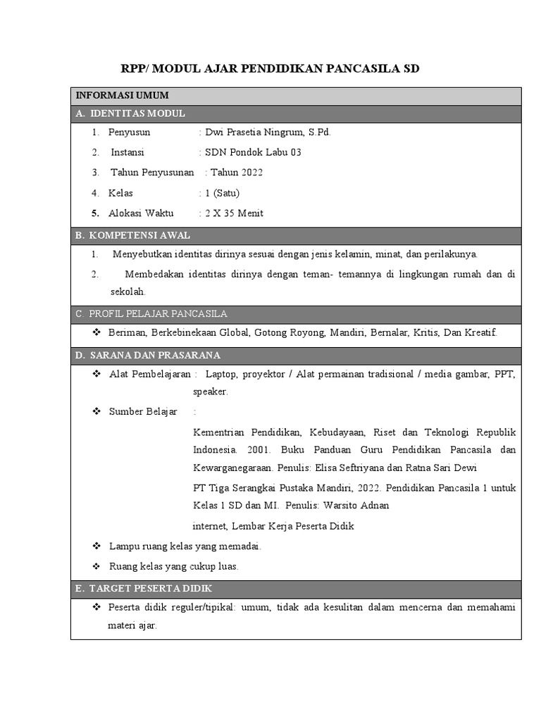 RPP Pendidikan Pancasila Kelas 1 SD | PDF