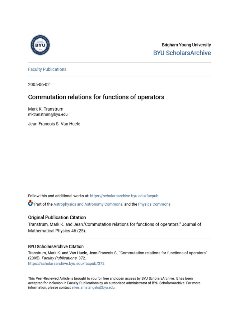 Commutation Relations For Functions Of Operators Pdf Derivative Function Mathematics
