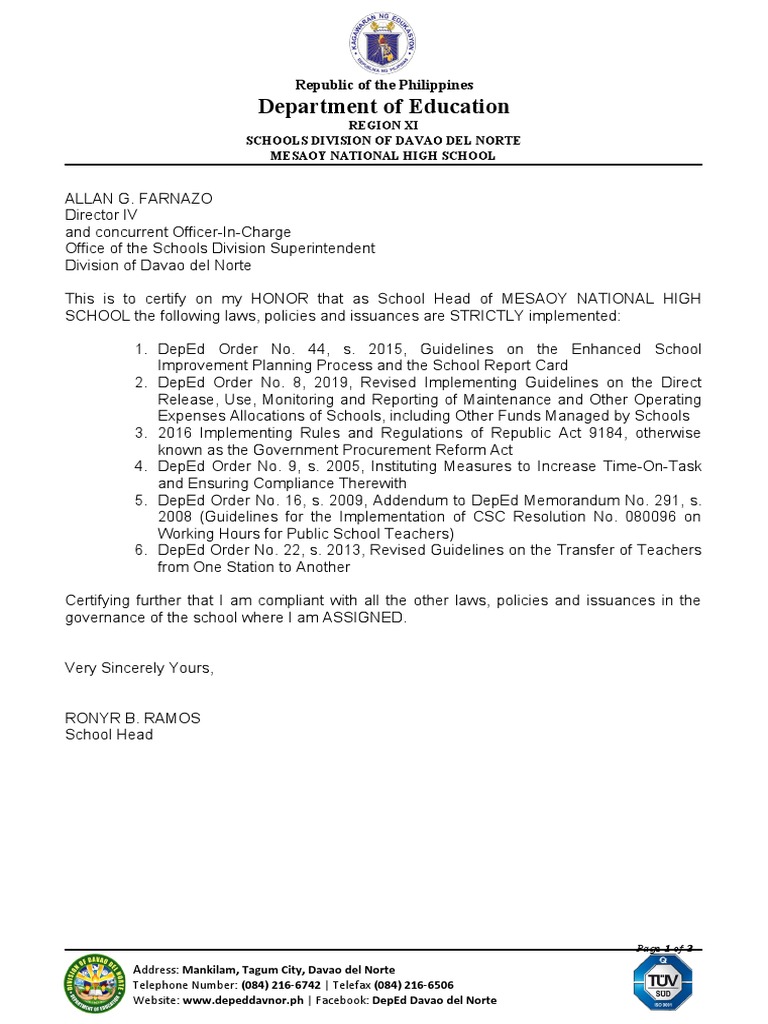 Letter of Compliant On Policies | PDF | Governance | Government