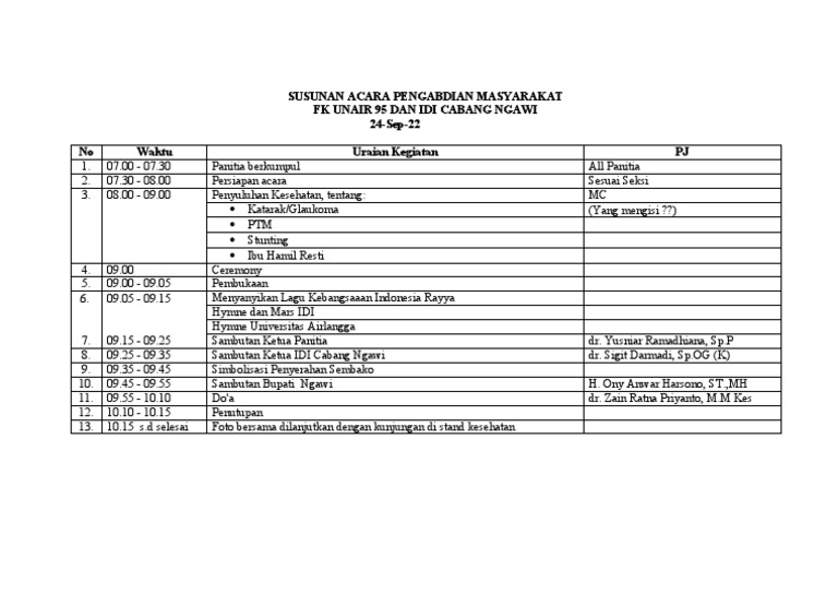 Susunan Acara Pengmas FK Unair 95 Dan Idi | PDF