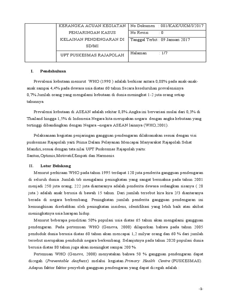 KAK Skrining Gangguan Pendengaran | PDF KAK Skrining Gangguan Pendengaran | PDF