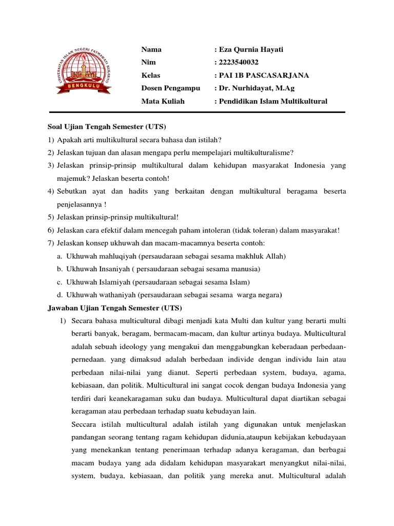 Eza Qurnia Hayati (Pai I B Pascasarjana) Uts Pendidikan Islam Multikultural | PDF
