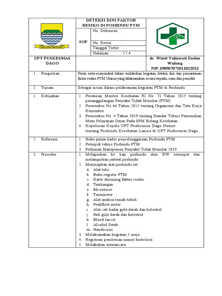 SOP Deteksi Dini Faktor Resiko PTM Puskesmas Dago | PDF