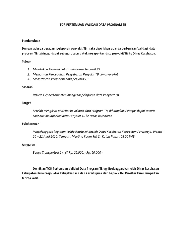 Tor Pertemuan Validasi Data Program TB | PDF