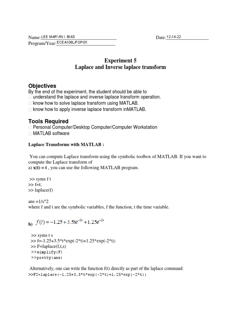 Experiment 5 - Laplace and Inverse Laplace Transform | PDF | Laplace Transform | Electrical Network