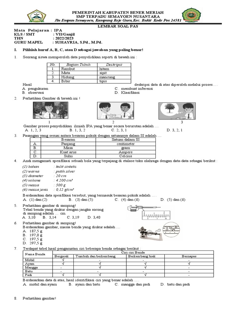 Soal PAS IPA Kelas 7 K13 - 2021-2022 | PDF