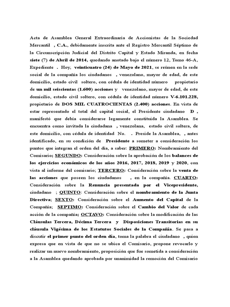 Acta de Venta de Acciones y Aumento de Capital | PDF | Venezuela ...