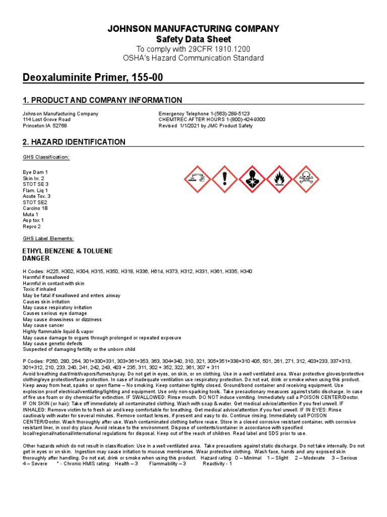 Deoxaluminite Primer, 155-00: Johnson Manufacturing Company Safety Data ...