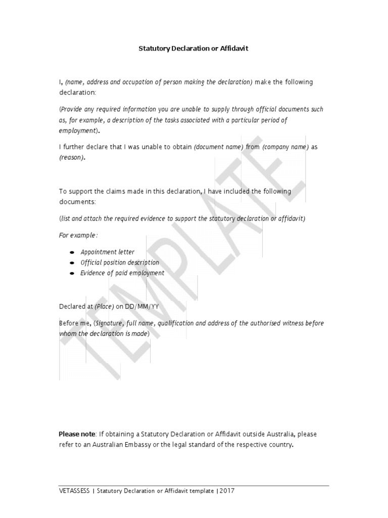 Vetassess Statutory Declaration Template | PDF