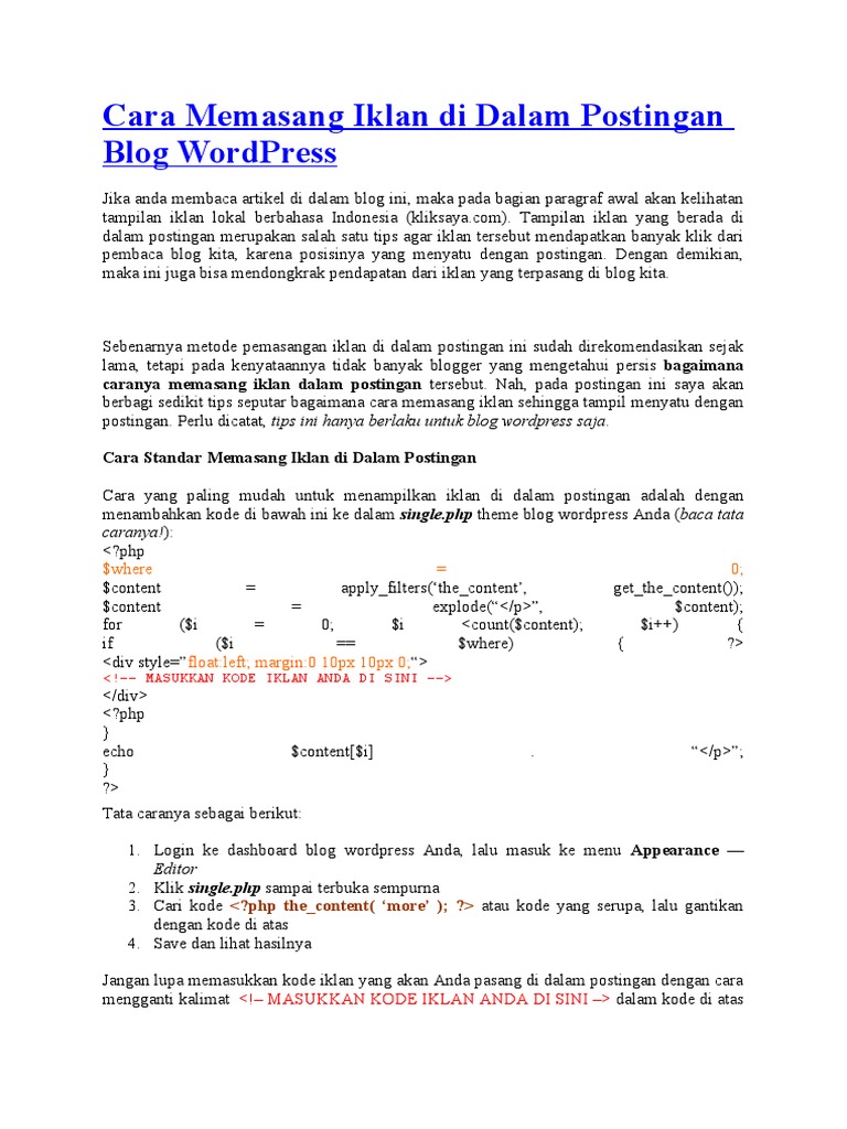 Cara Memasang Iklan Di Dalam Postingan Blog WordPress | PDF