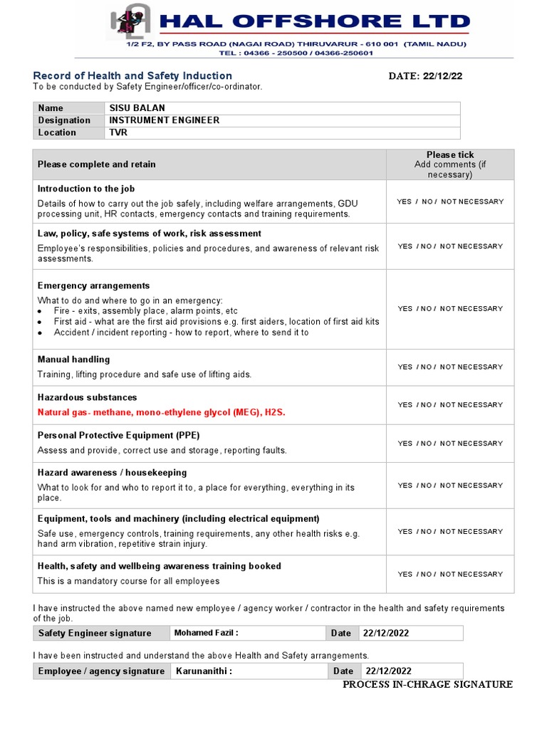 Health and Safety Induction Checklist | PDF | Occupational Safety And ...