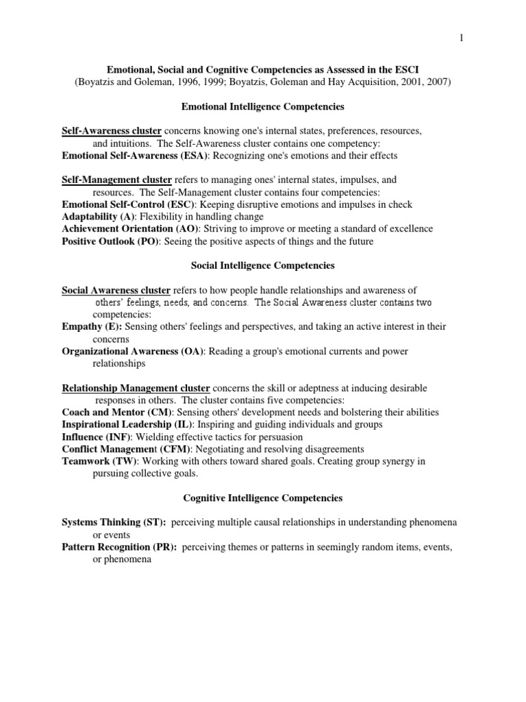 Emotional, Social and Cognitive Competencies As Assessed in The ESCI ...