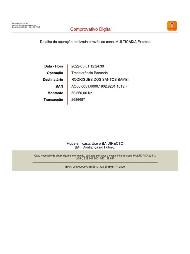 Comprovativo de transferência bancária de 53.350,00 Kz para RODRIGUES ...