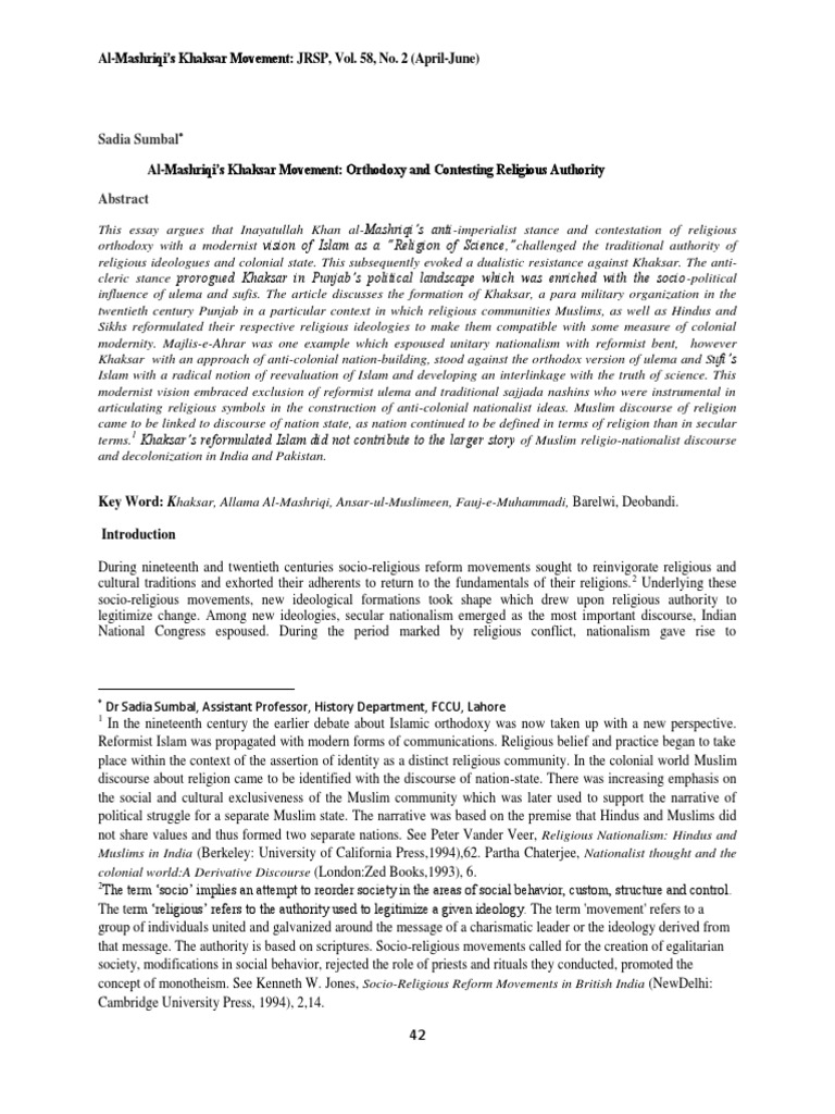 Al-Mashriqi's Khaksar Movement: JRSP, Vol. 58, No. 2 (April-June) | PDF ...