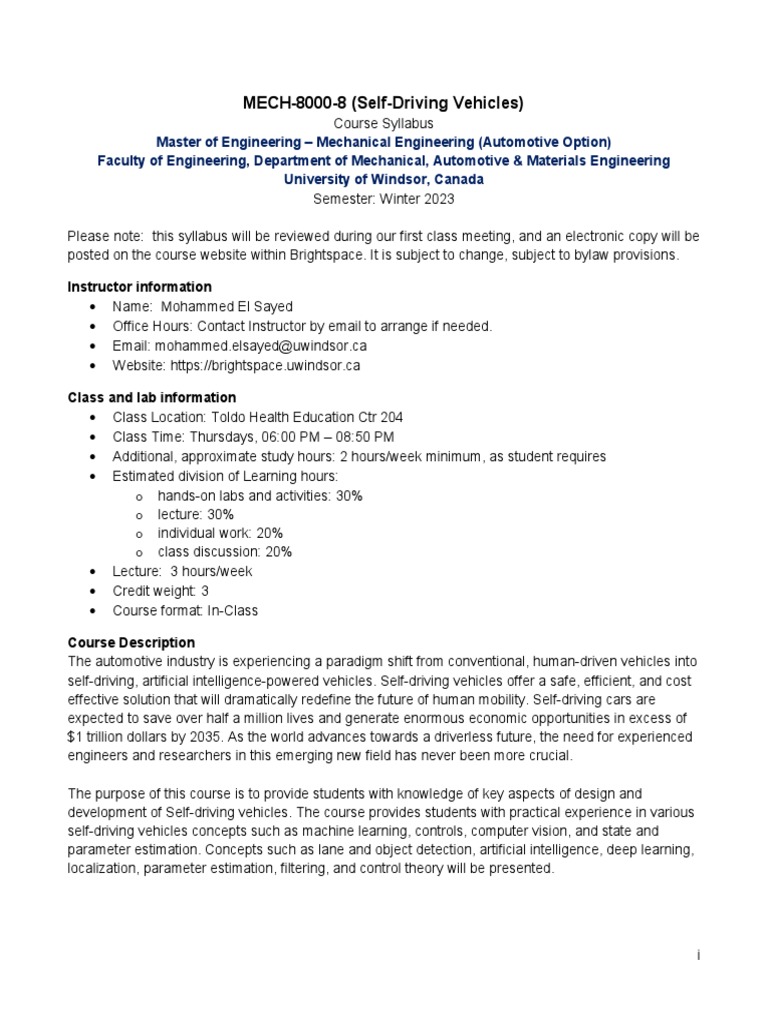 Self-Driving Vehicles MECH8000!8!2023W Syllabus | PDF | Test ...