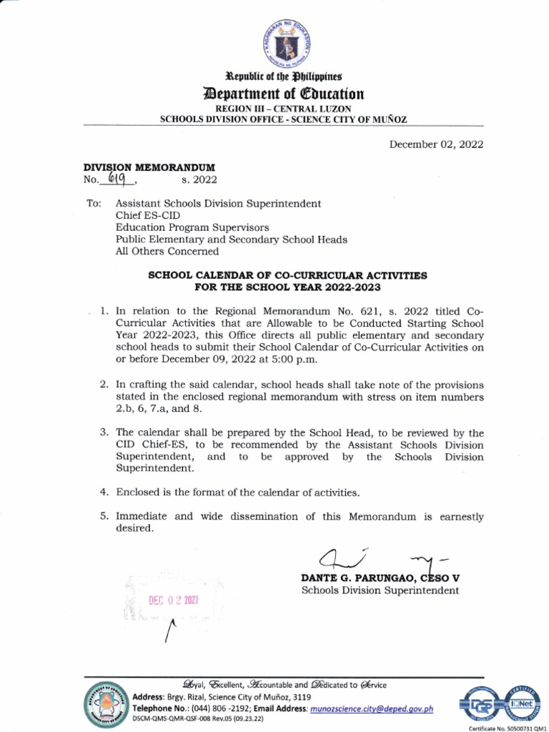 School Calendar for Co-Curricular Activities 2022-2023 | PDF