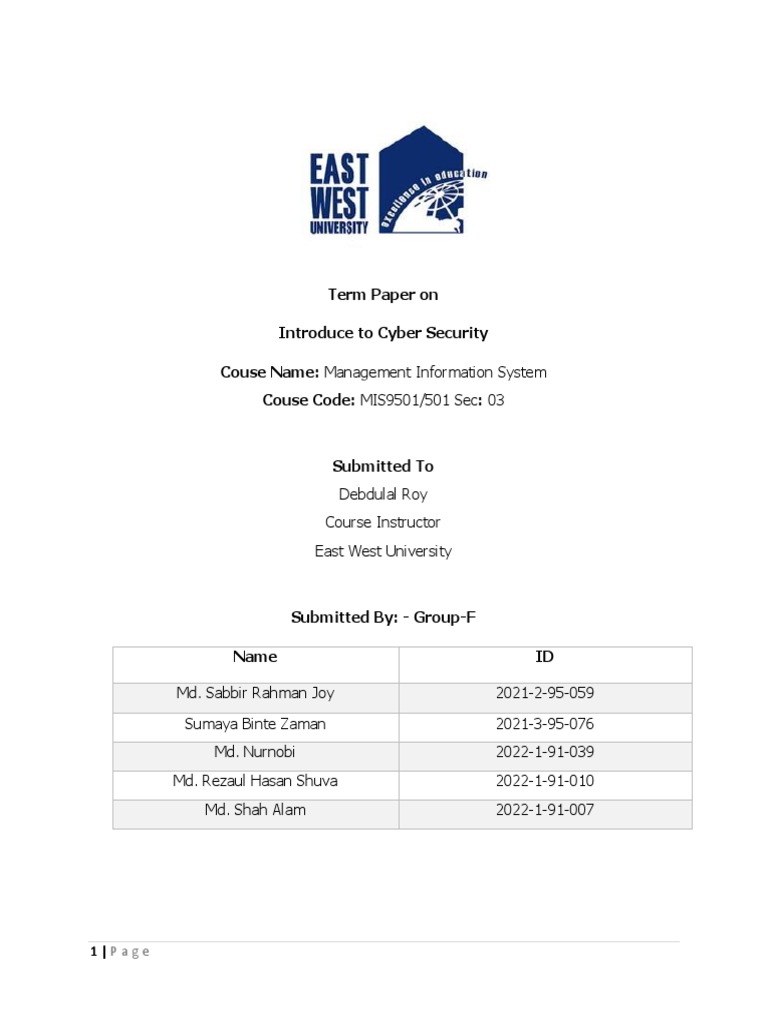 An Introduction to Cyber Security: Analyzing the Contents and Focus of a Term Paper on Cyber ...
