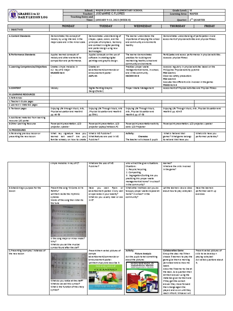 DLL - Mapeh 6 - Q2 - W8 | PDF | Learning | Teachers