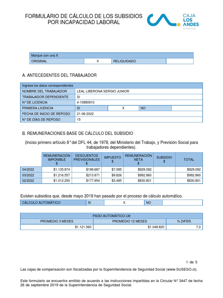 Formulario de Cálculo de Los Subsidios Por Incapacidad Laboral | PDF | Salario | Pensión