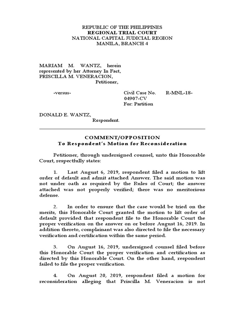 Comment To Motion For Reconsideration | PDF | Complaint | Lawsuit