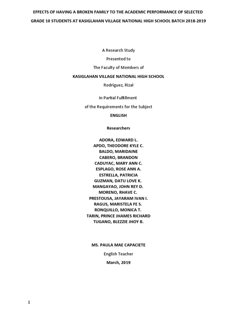 Effects of Having A Broken Family To The Academic Performance of Selected | PDF | Schools | Family
