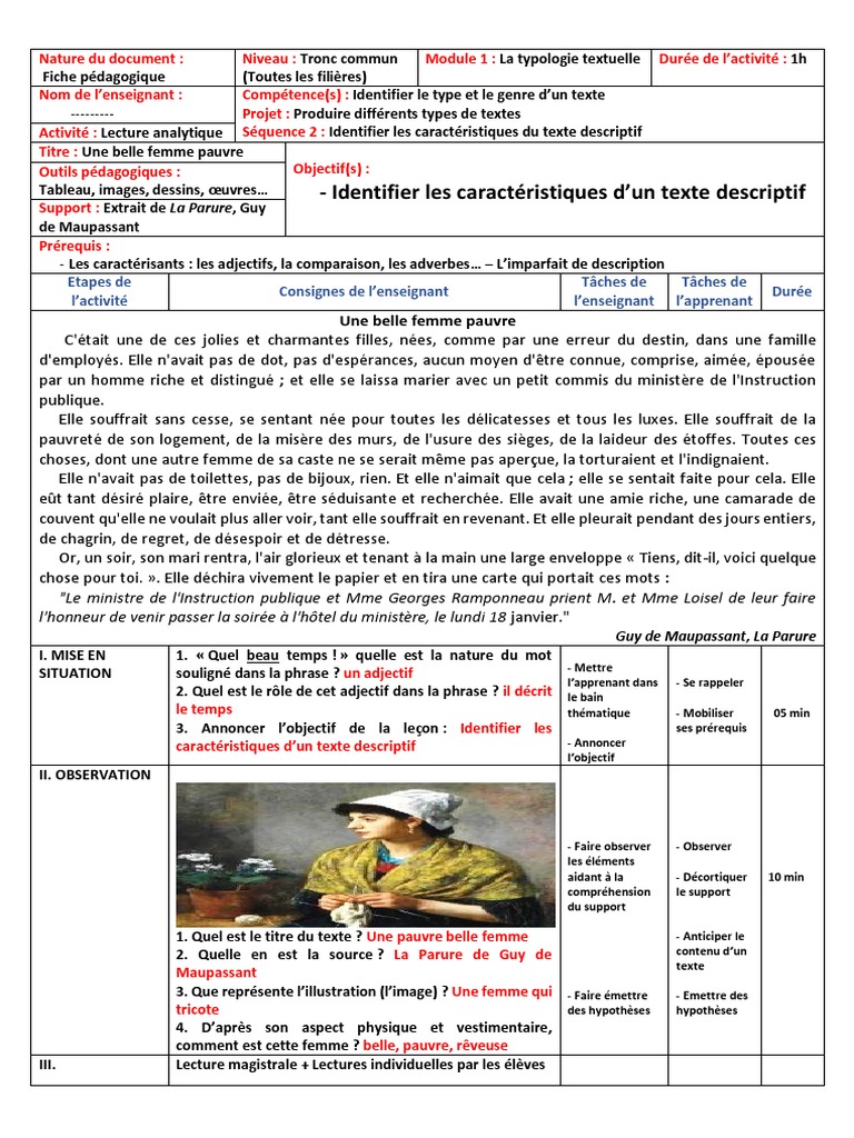 Fiche Pédagogique : Texte Descriptif | PDF | Arts du langage et discipline