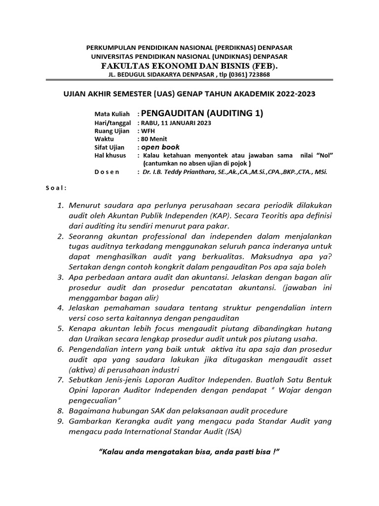Soal Uas Auditing Satu 2023 | PDF | Karier & Perkembangan