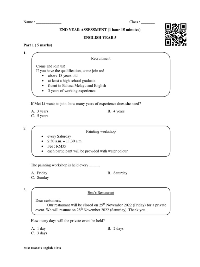 Year 5 English Assessment 2022 Suggested UASA | PDF