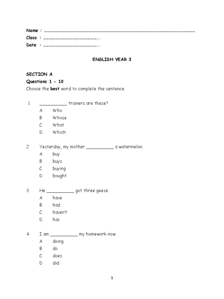 Year 3 English Assessment Test Answer Key and Marking Scheme | PDF ...