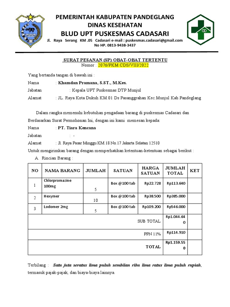Surat Pesanan Obat Tiara OOT Jiwa Bendahara | PDF