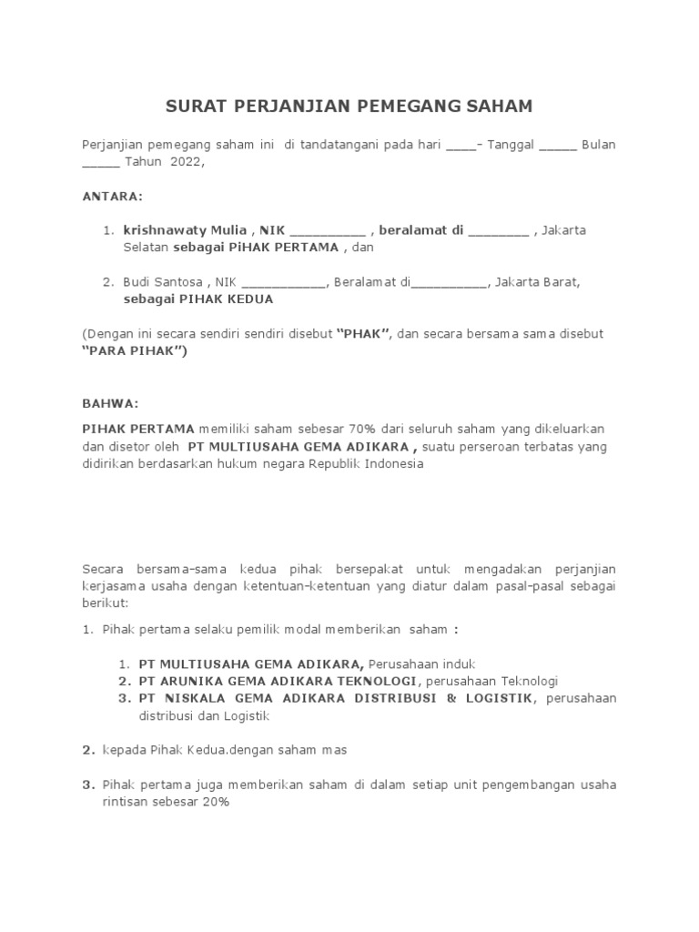 Surat Perjanjian Pemegang Saham PT | PDF