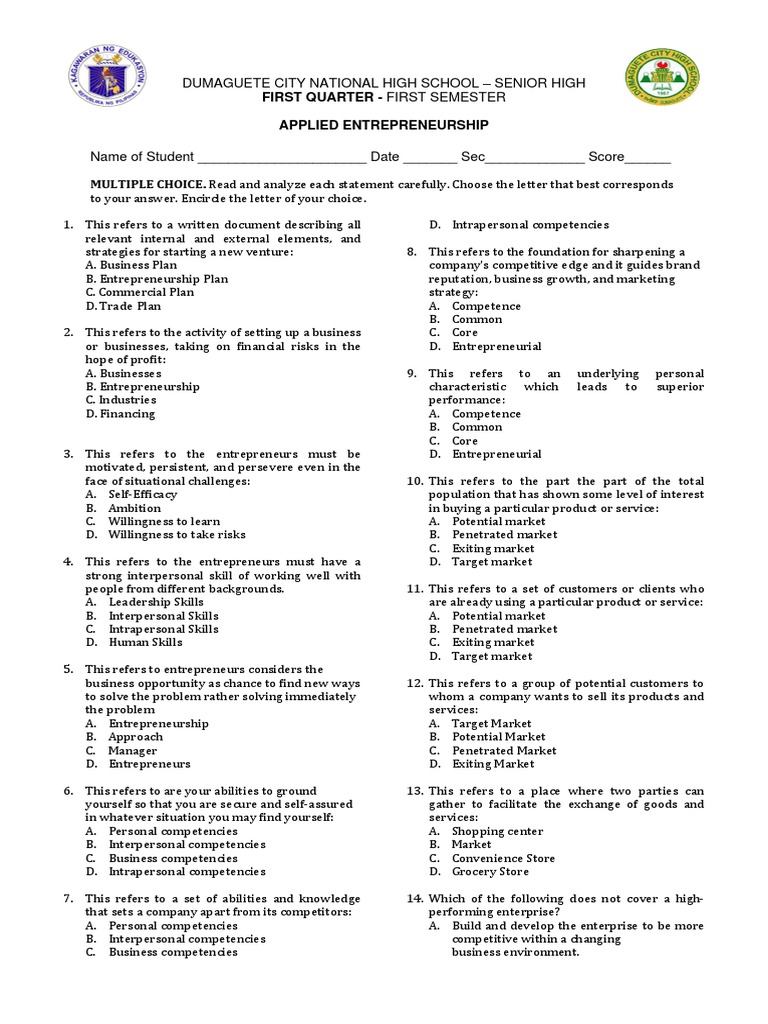 1ST Quarter - Entrep-2022-2023 | PDF | Entrepreneurship | Sales