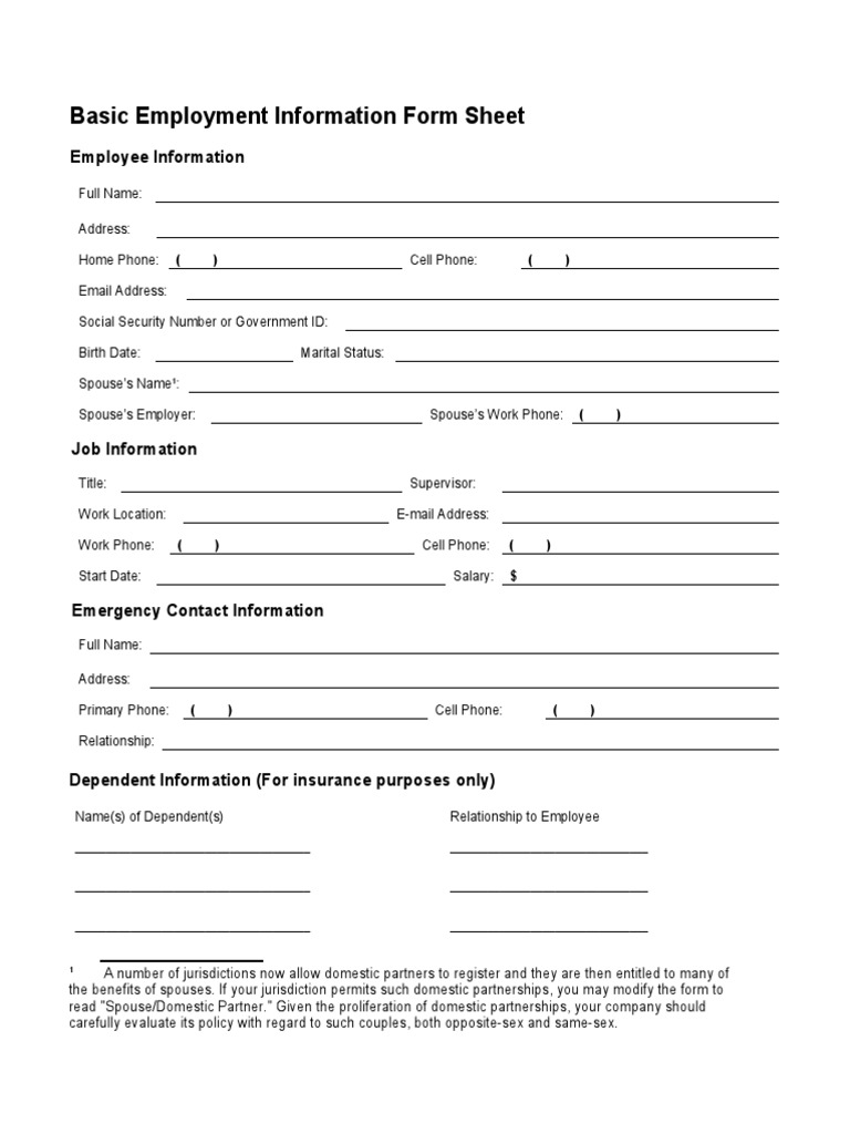 Basic Employment Information Form Sheet | PDF
