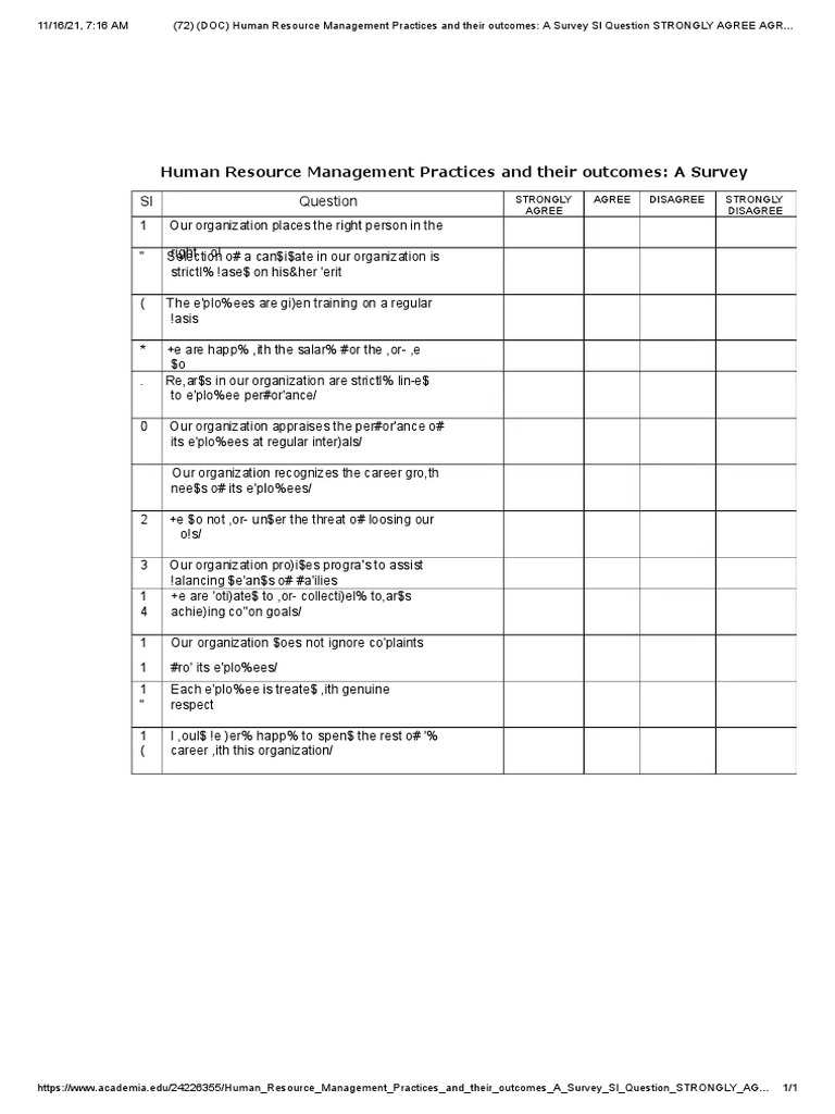Human Resource Management Practices and Their Outcomes: A Survey | PDF