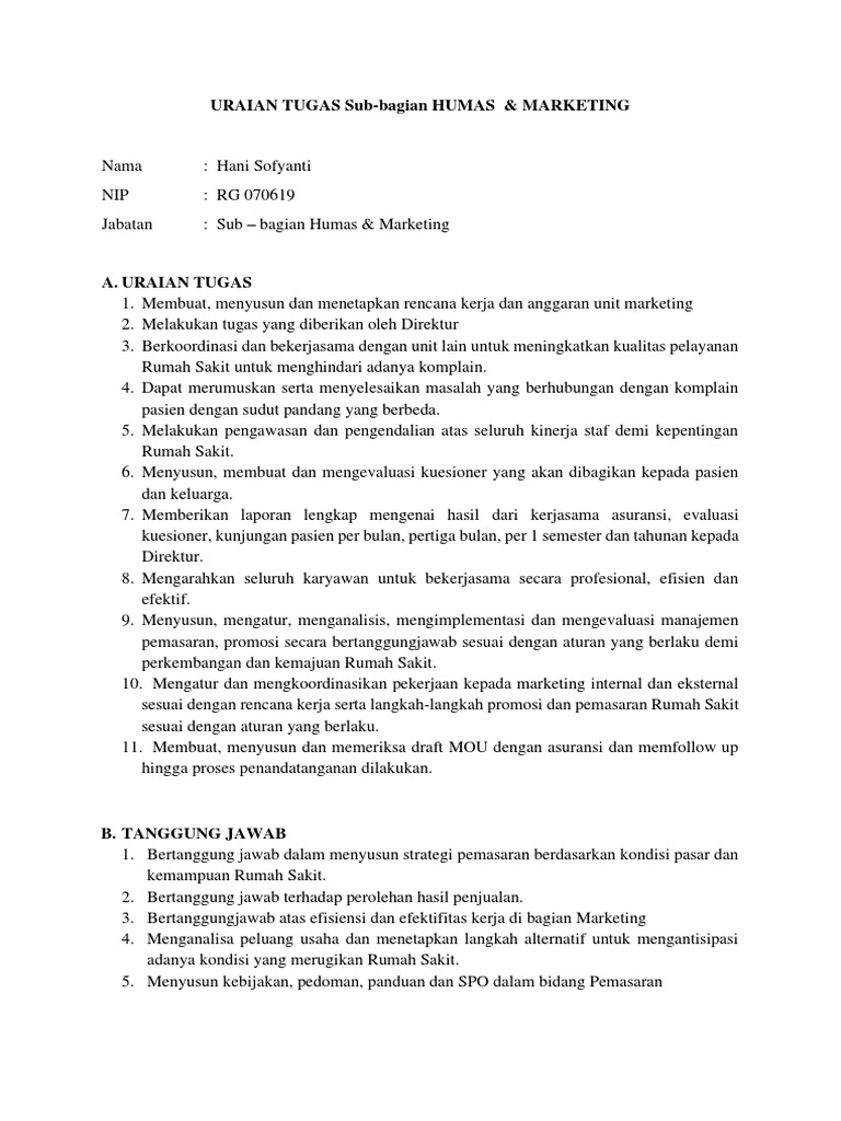 Uraian Tugas Tim Humas & Marketing | PDF