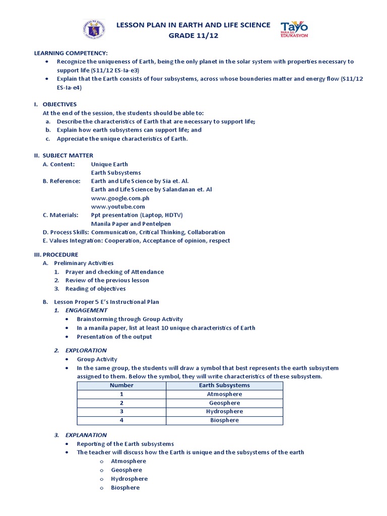 Unique Earth and Earth Subsystems | PDF | Earth | Life