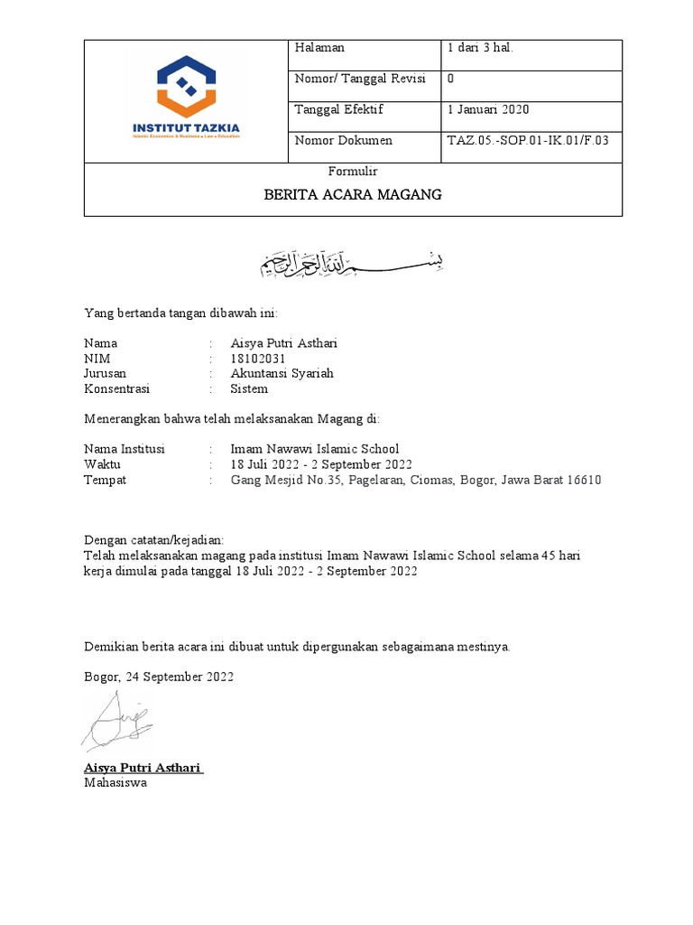 TAZ.05 SOP.01 IK.01 F.03 Berita Acara Magang | PDF